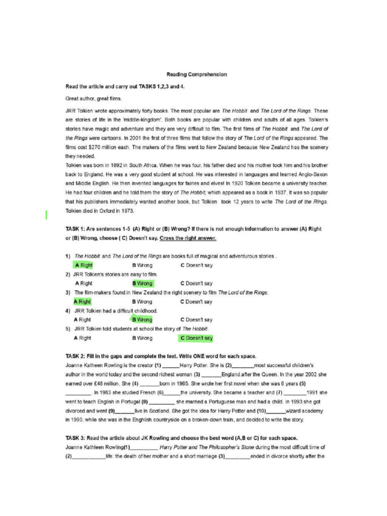 reading comprehension English 4 unit 9 | PDF | The Lord Of The Rings ...