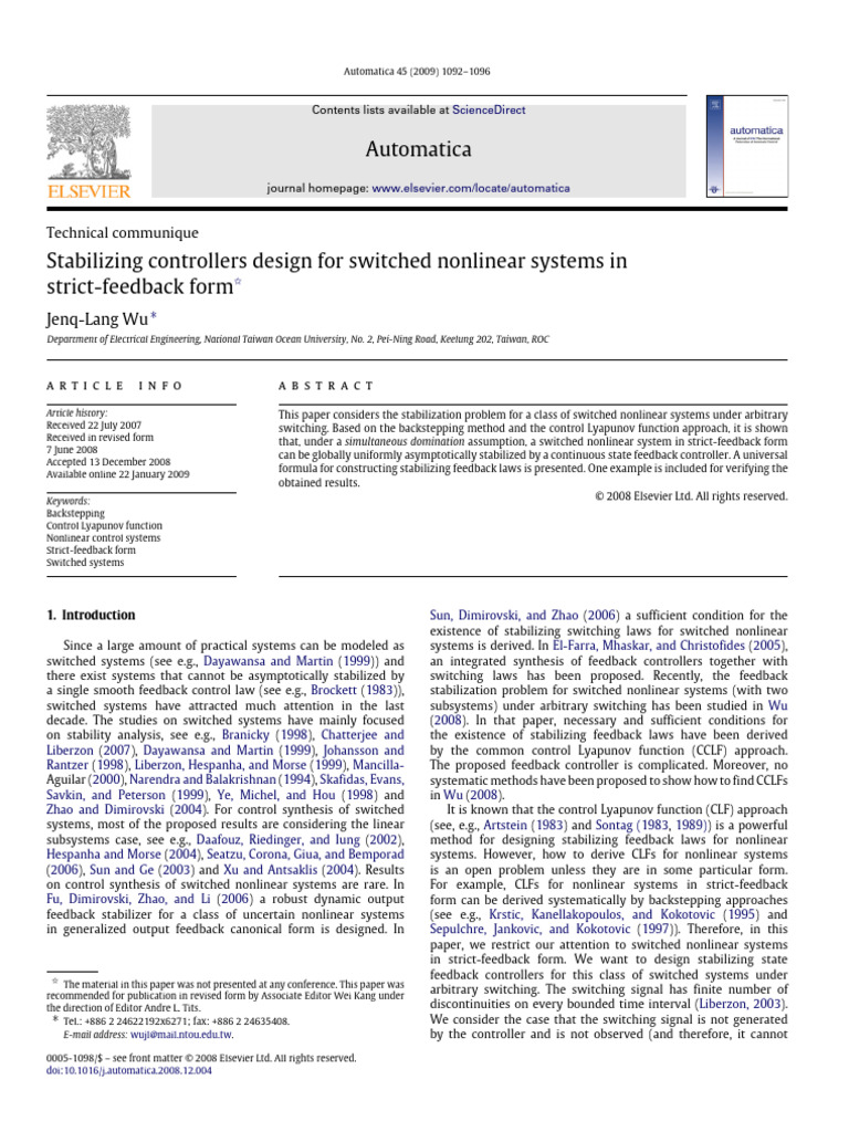 Wu2009-Stabilizing Controllers Design For Switched Nonlinear Systems in | PDF | Theoretical ...