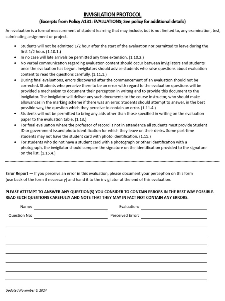 Invigilation Protocol | PDF