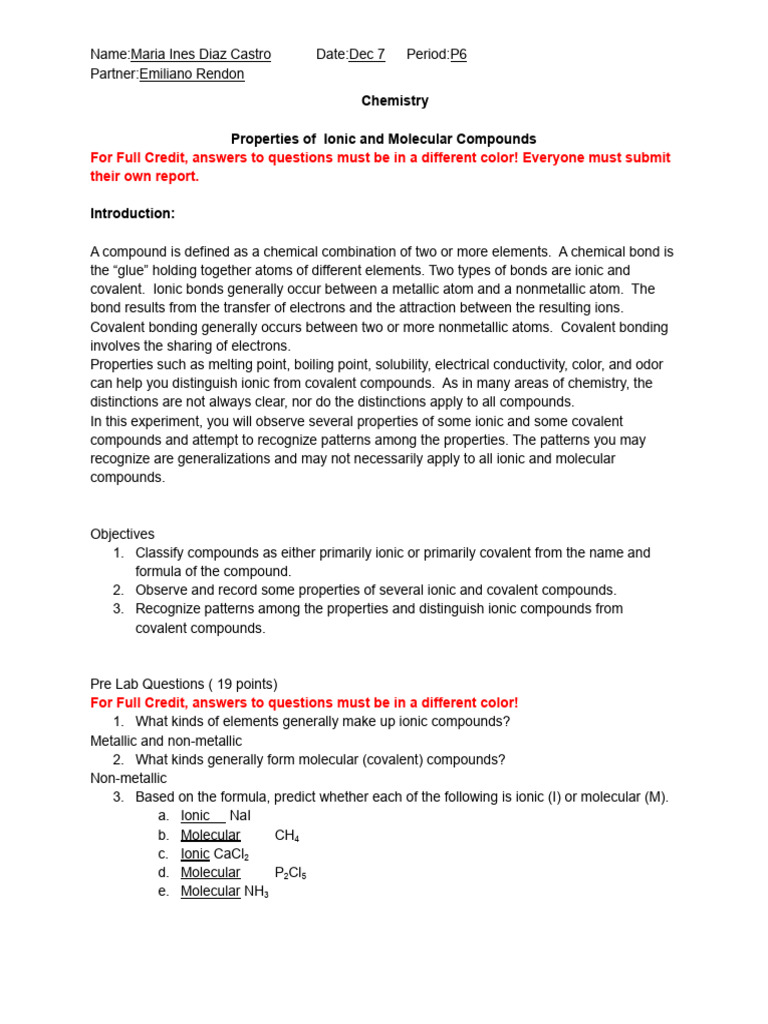 Ionic Vs Covalent Properties Lab | PDF | Chemical Compounds | Salt ...