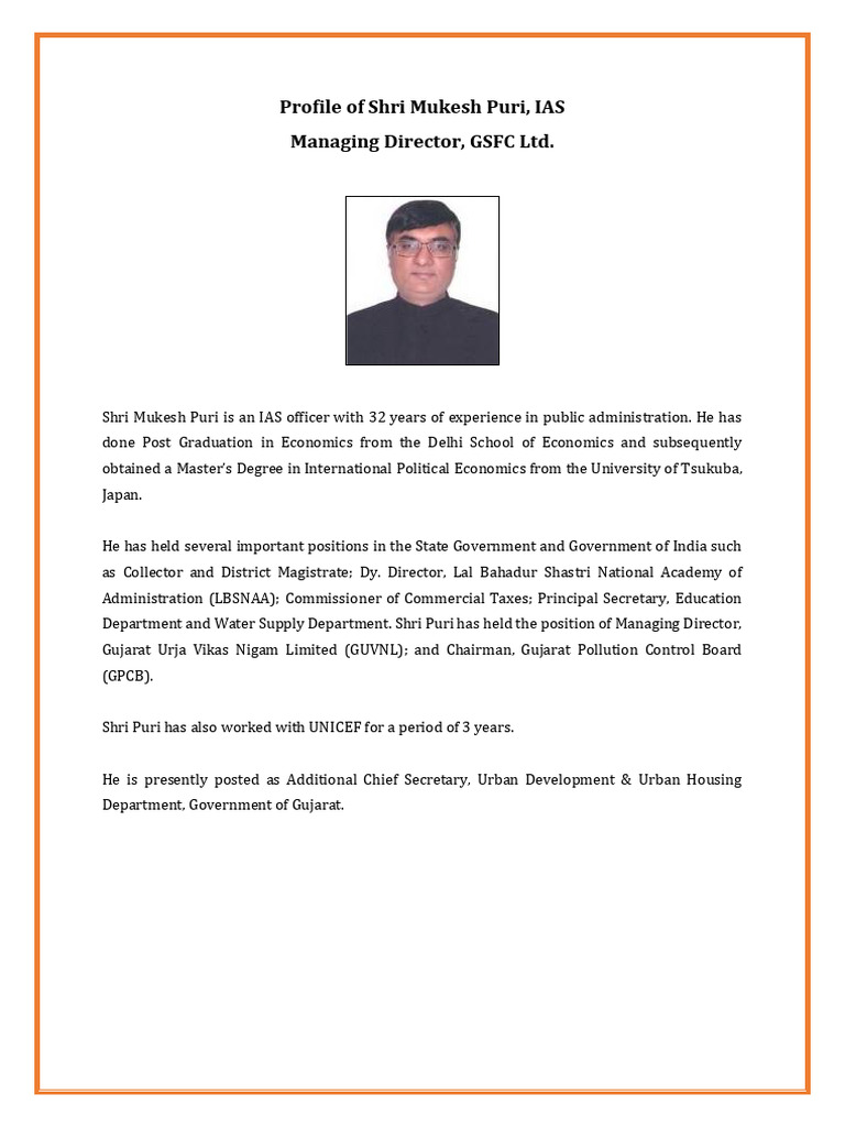Profile of Shri Mukesh Puri IAS | PDF