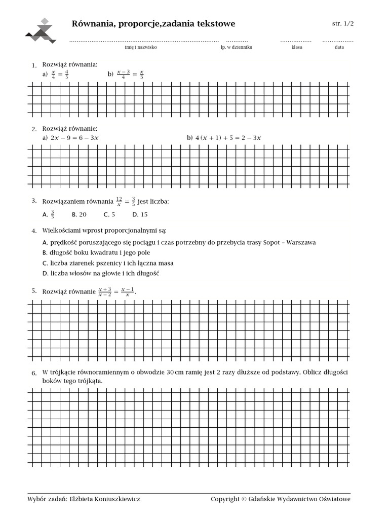Kl. 8a - Równania, Proporcje, Zadania Tekstowe | PDF