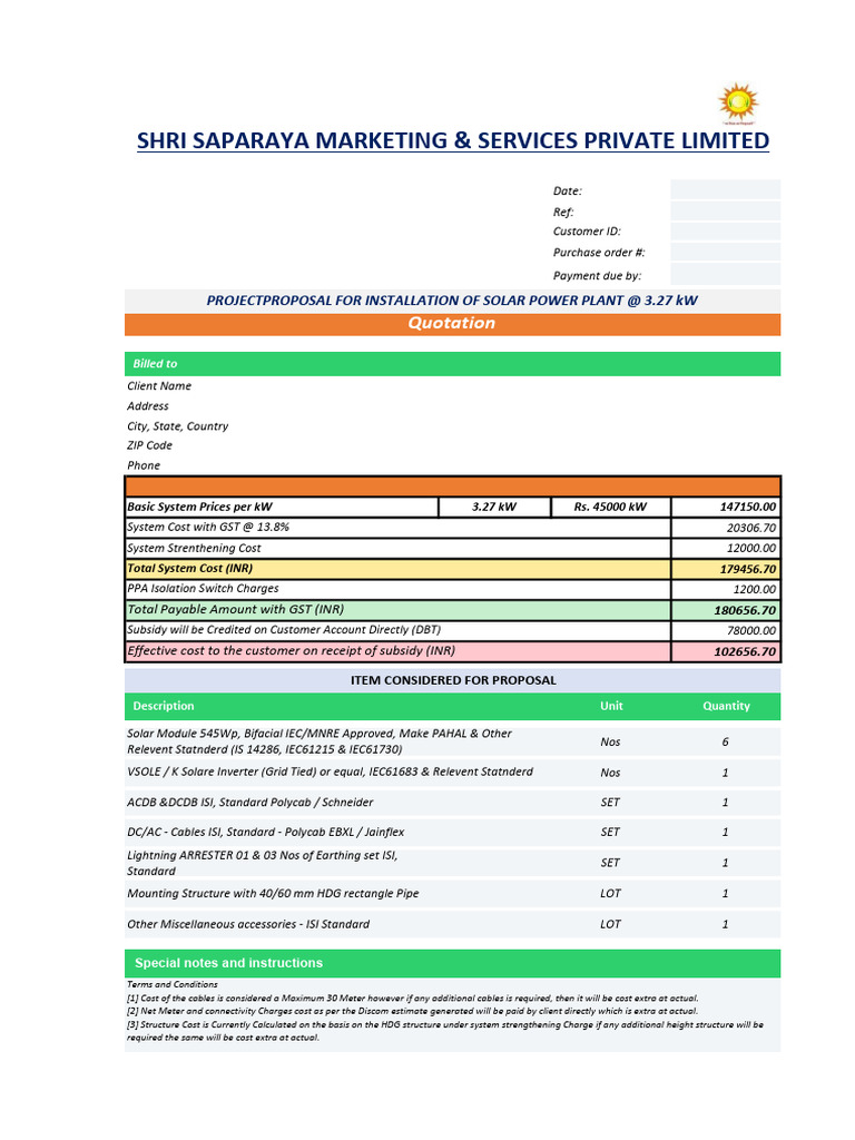 Quotation Solar Syatem 3.27kW | PDF | Sustainable Energy | Renewable Energy