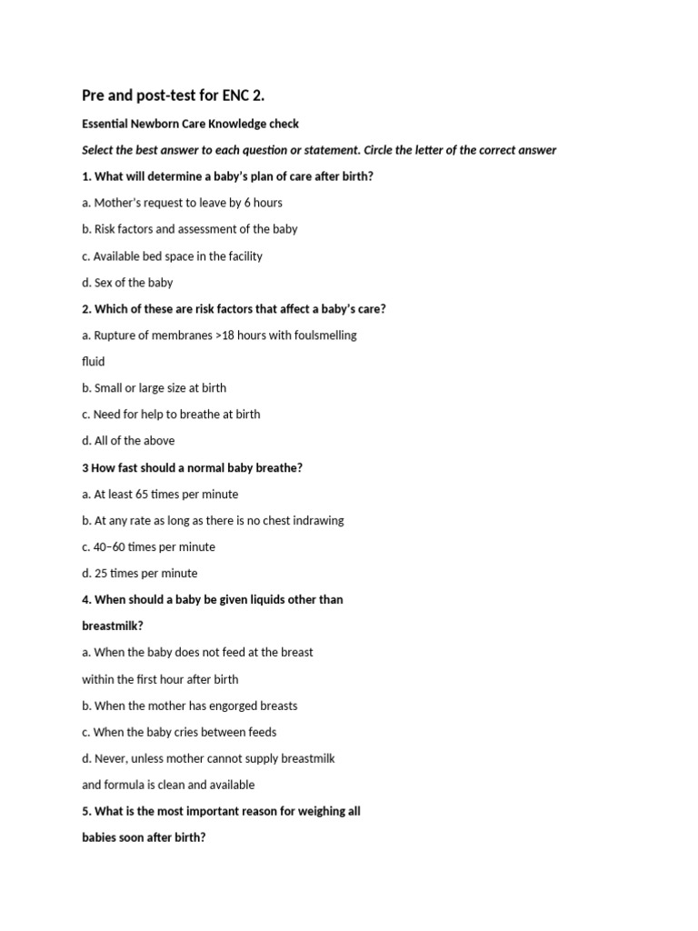 ENC 2 Pre and Post-Test Overview | PDF | Breastfeeding | Infants