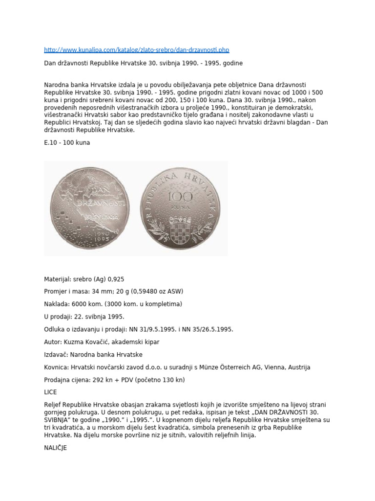 Kovani novac - Dan državnosti 1990 - 1995 | PDF