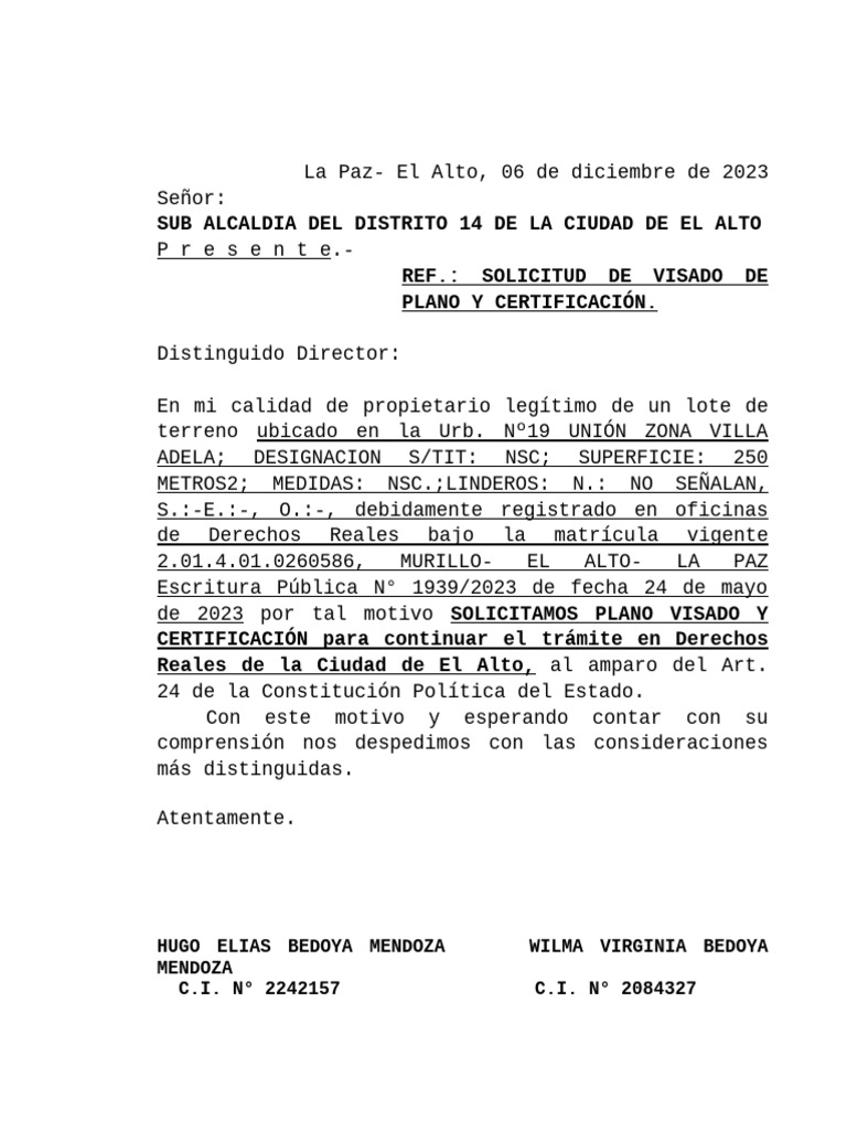 Carta de Plano Visado | PDF