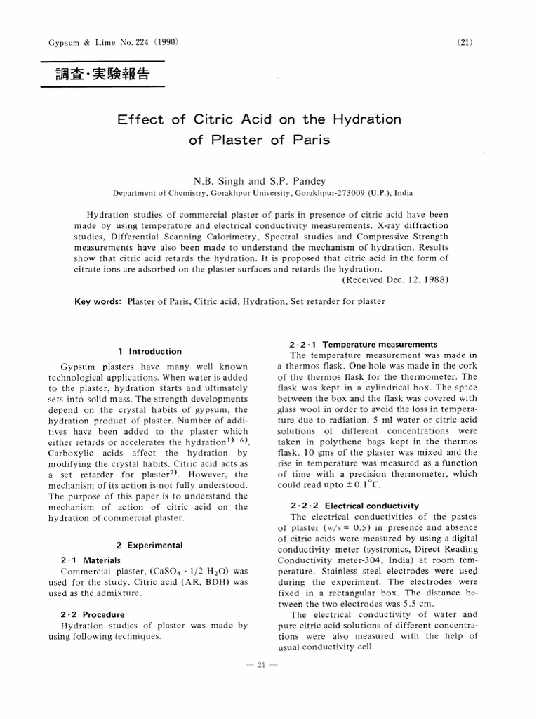 Effect of Citric Acid On The Hydration of Plaster of Paris | PDF ...