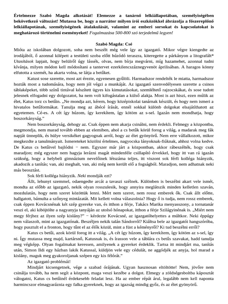Értelmezze Szabó Magda Alkotását | PDF