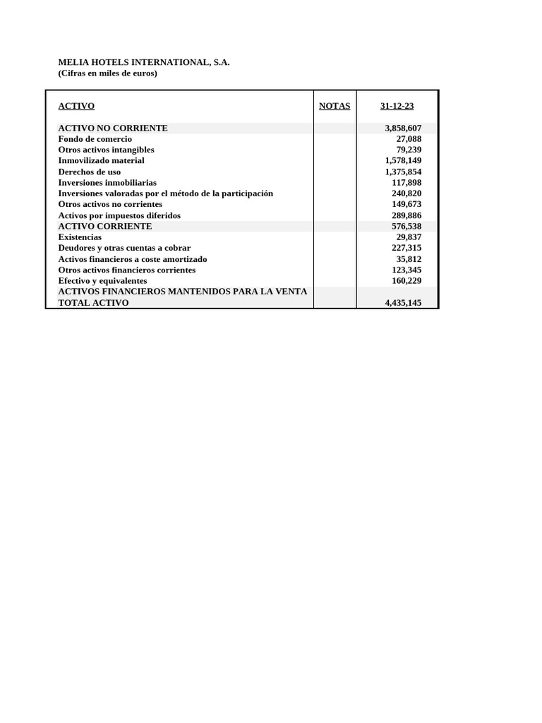 Anexo Eeff Melia | PDF | Estado de resultados | Activo fijo