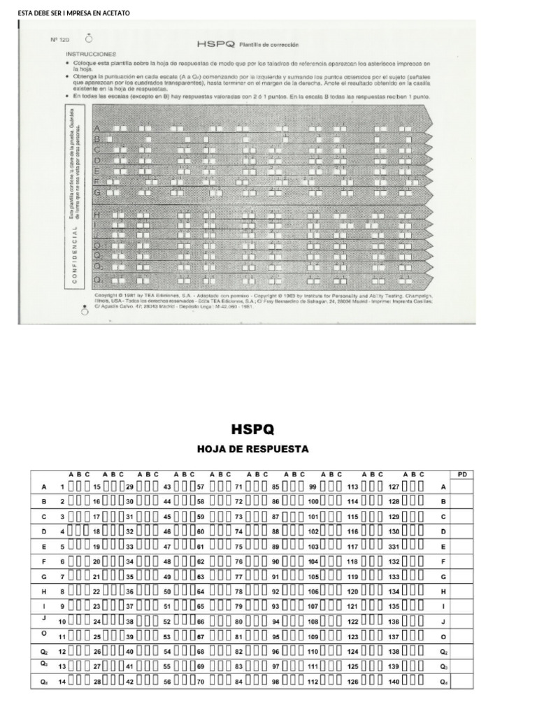 Hoja de Respuesta HSPQ (En Acetato) | PDF