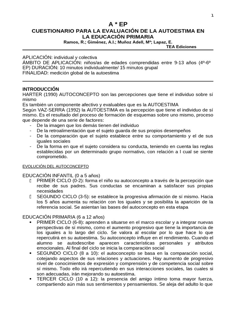 Cuestionario para La Evaluación de La Autoestima en La Educación Primaria | PDF | Autoestima ...