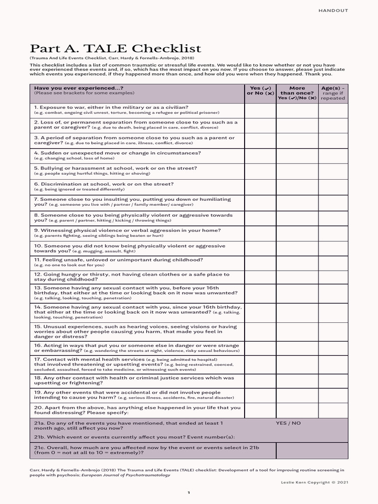 The Trauma Life Events Tale Checklist | PDF | Psychological Trauma ...