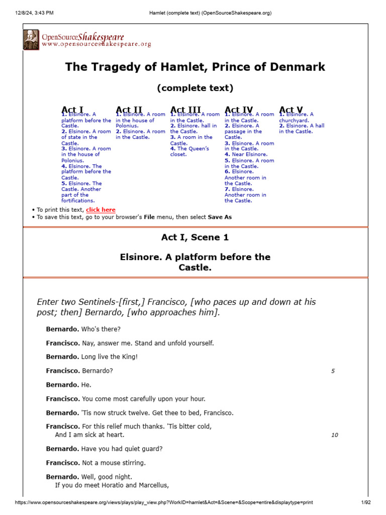 Hamlet (Complete Text) (OpenSourceShakespeare.org) | PDF | Hamlet