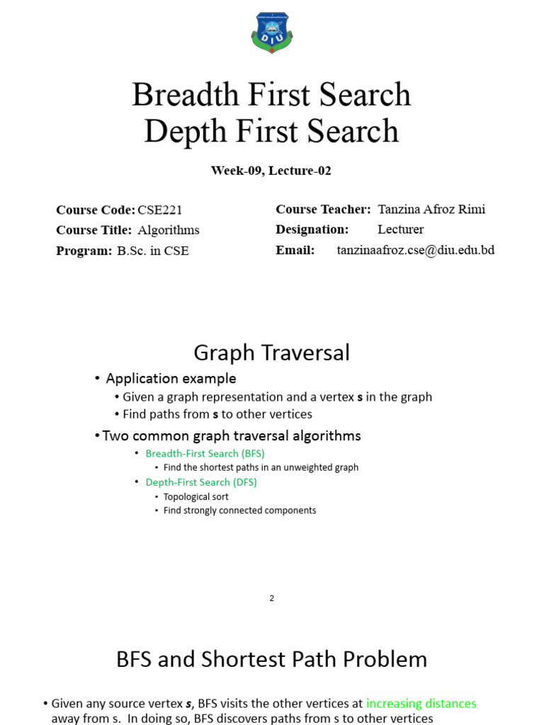 16 W 09l 2breadth First Search Depth First Searchpptx Pdf Combinatorics Algorithms And