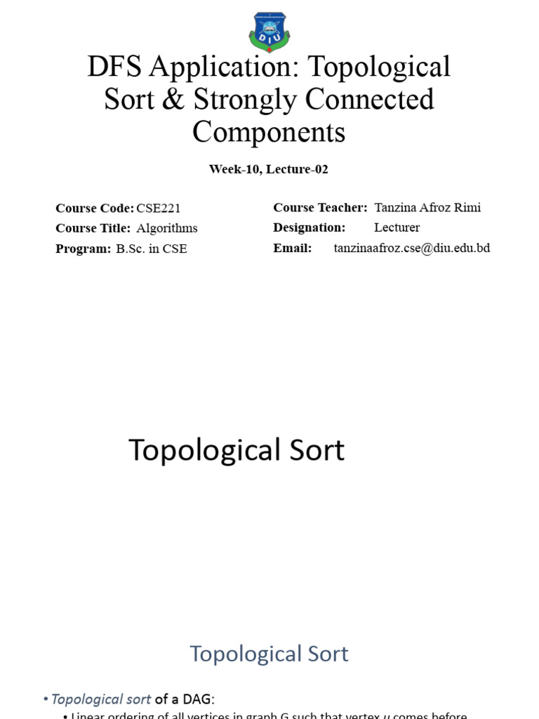 18. W-10_L-2_DFS Application Topological Sort Strongly Connected Components.pptx | PDF | Vertex ...