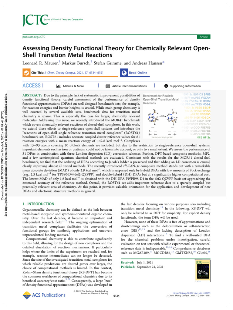 Evaluating DFT for Open-Shell Metal Reactions | PDF | Computational ...