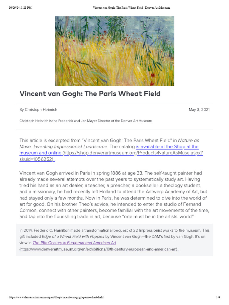 Vincent Van Gogh - The Paris Wheat Field - Denver Art Museum | PDF ...