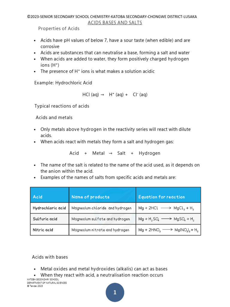 G11 Chemistry Notes Acids Bases and Salts | PDF | Acid | Hydroxide