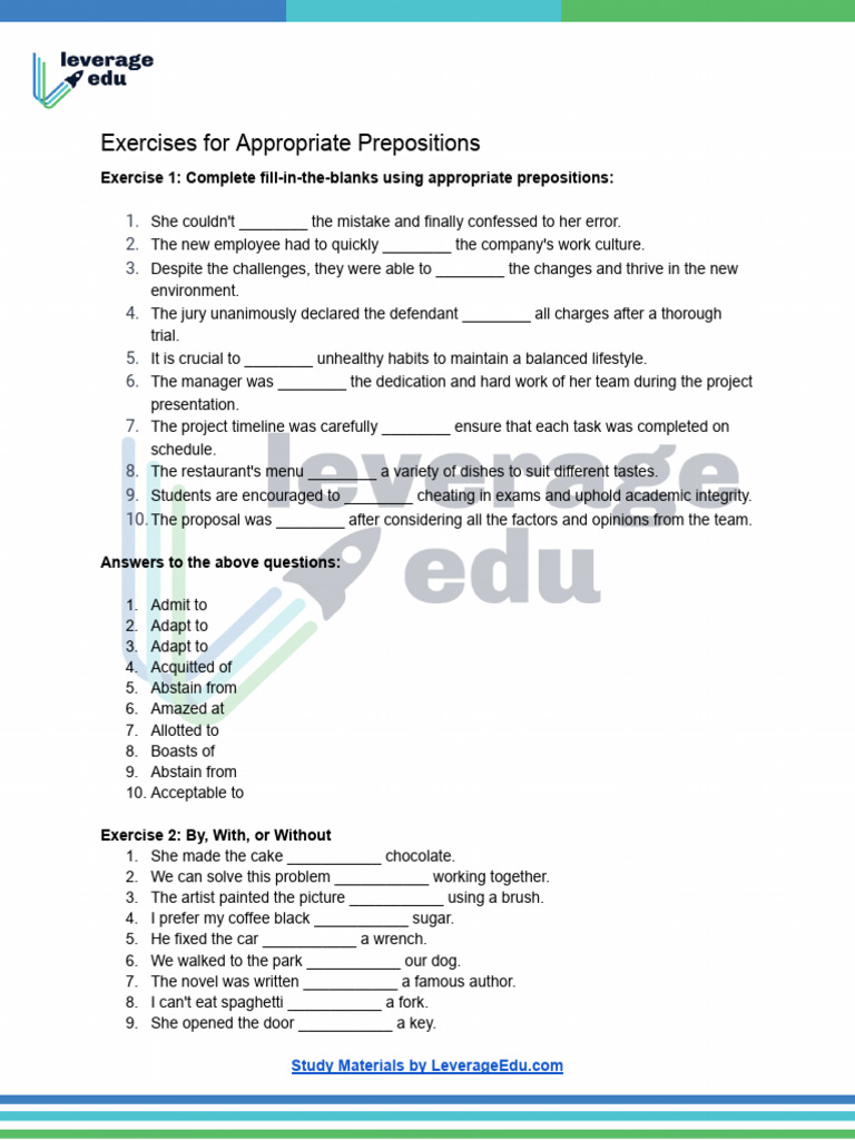 Appropriate Preposition List With Examples Practise Worksheet0A | PDF