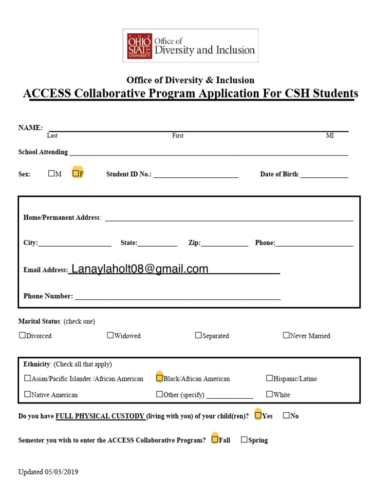 FILLABLE ACCESS Collaborative Program Application For CSH 2 | PDF