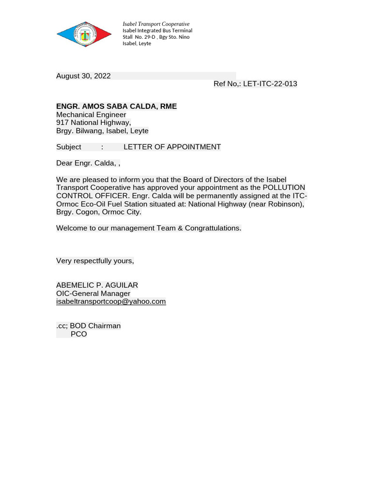 LET ITC 22 013 - Letter of Appointment PCO | PDF