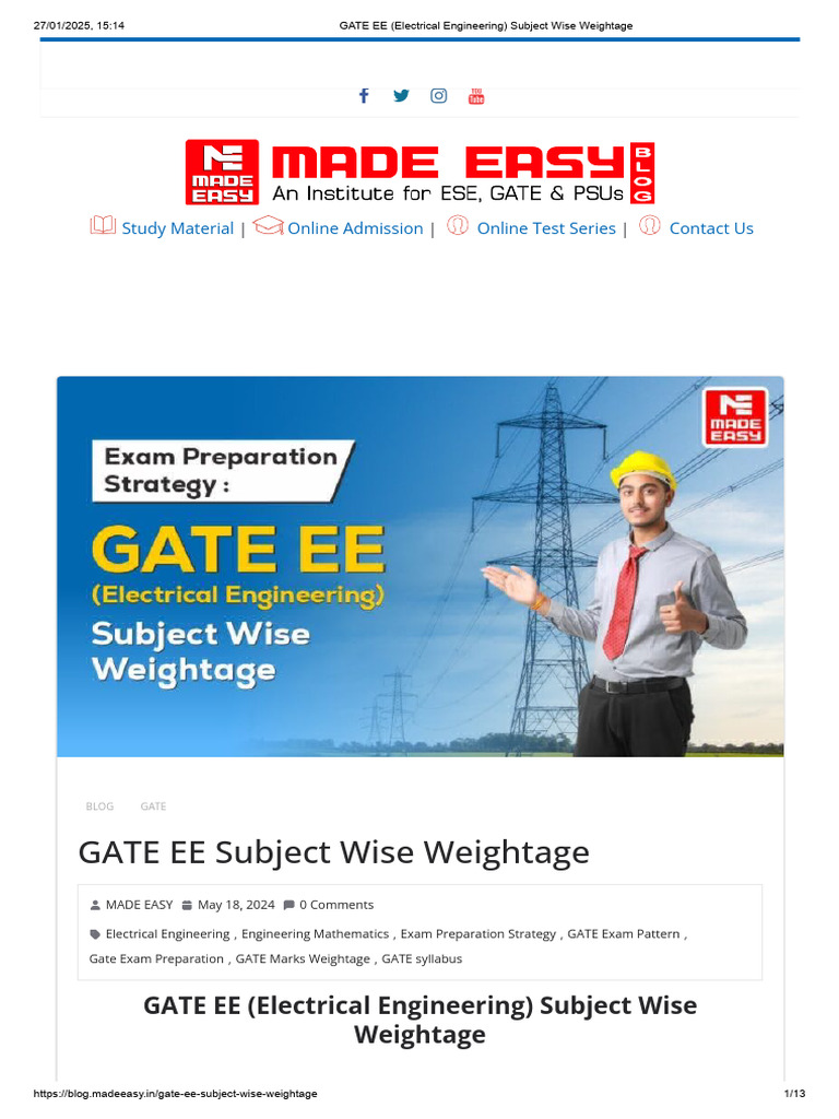 GATE EE (Electrical Engineering) Subject Wise Weightage | PDF ...