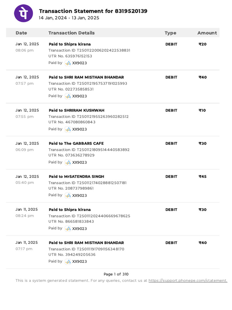 PhonePe Statement Jan2024 Jan2025 | PDF | Debit Card | Debits And Credits
