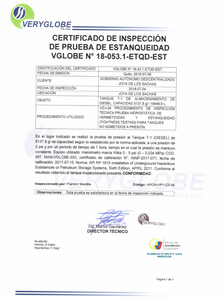 CERTIFICADO ESTANQUEIDAD | PDF