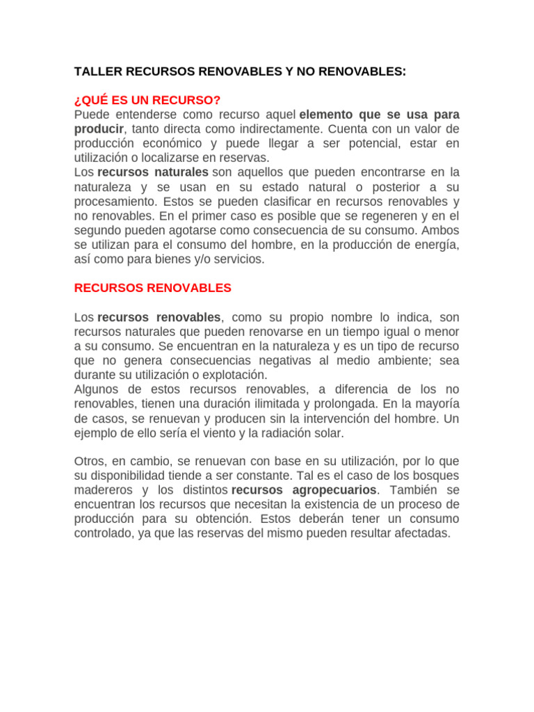 Taller Recursos Renovables y No Renovables | PDF | Energía renovable | Recursos renovables