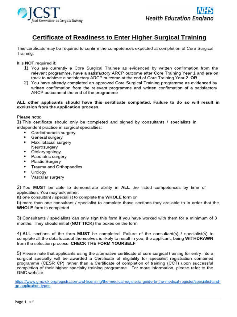 Certificate of Readiness for Surgical Training | PDF | Health Care ...