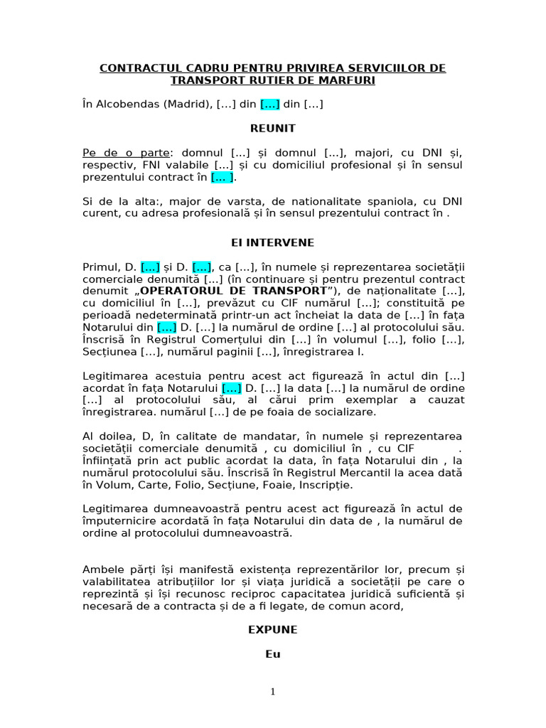 Model de Contract de Transport Terestru de Mărfuri. | PDF