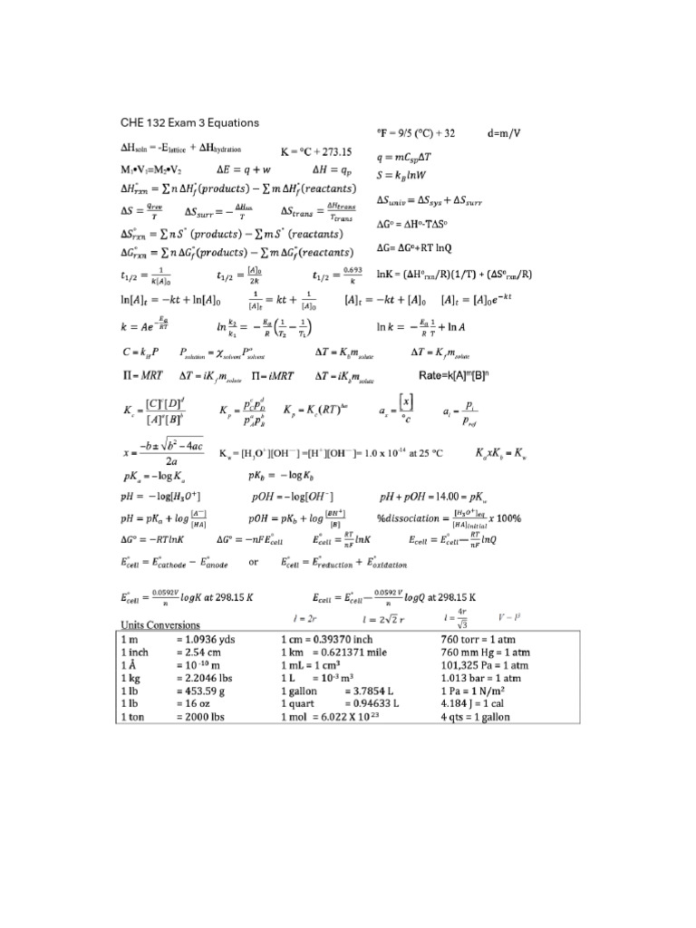 CHE 132 Exam 3 Equation Sheet - Final Version | PDF | Hydroxide | Zinc