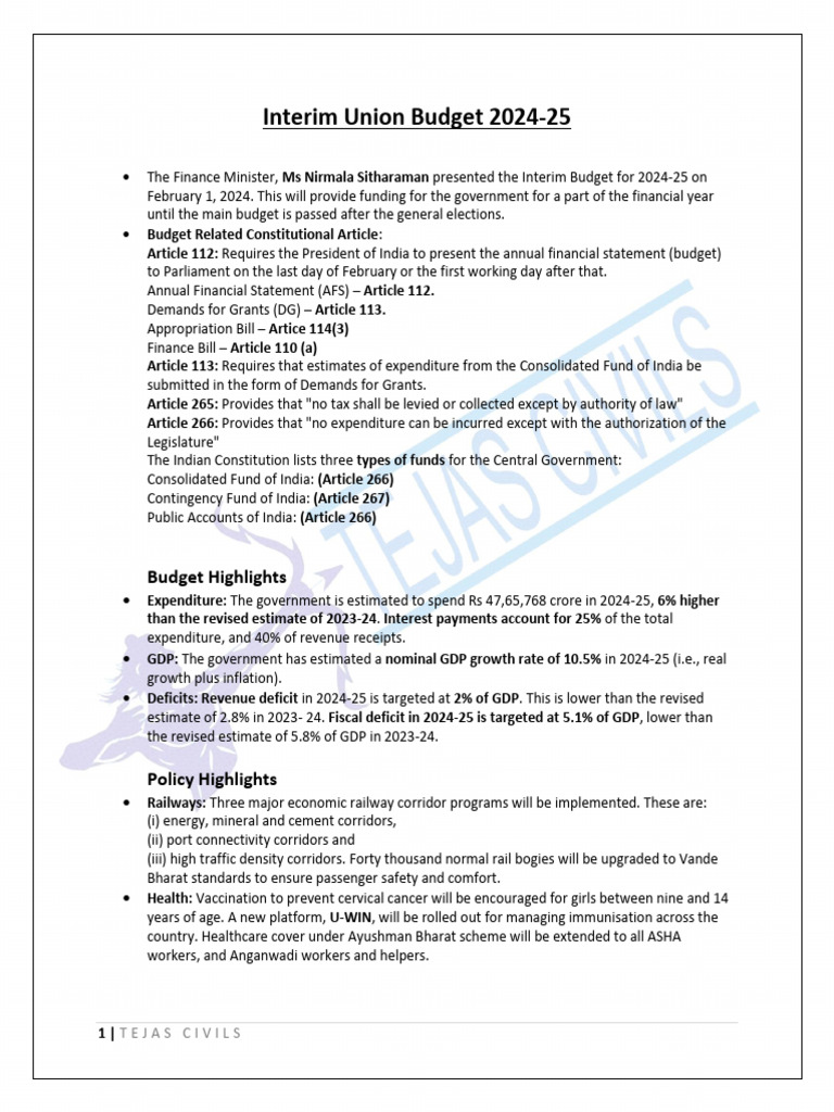 Interim Union Budget 2024 - Tejas Civils | PDF | Budget | Government ...
