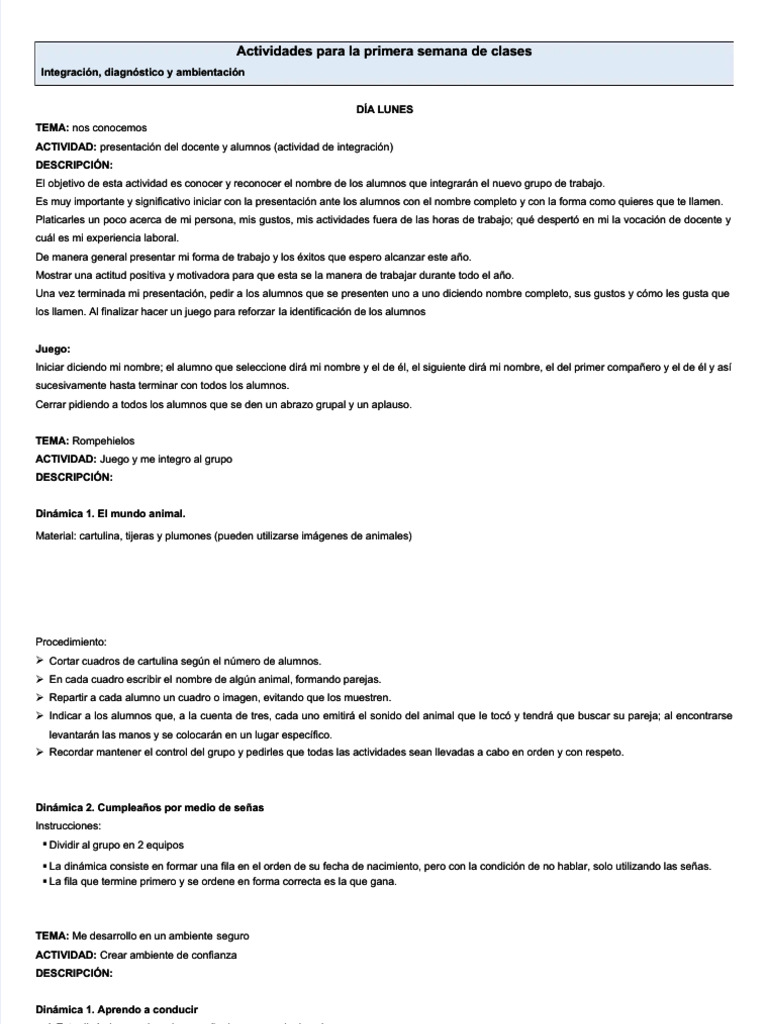 Actividades para La Primera Semana de Clases Actividades para La ...