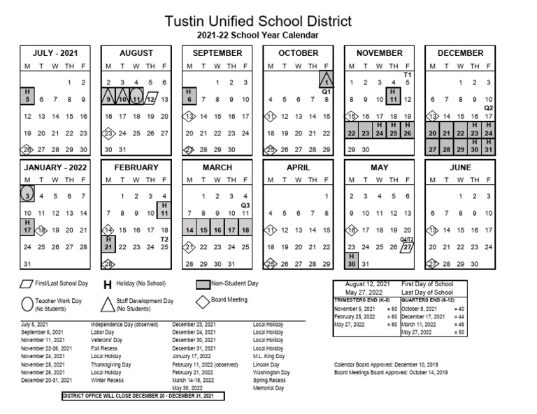 2021-22 Tustin School Year Calendar | PDF | Public Holiday | Observances