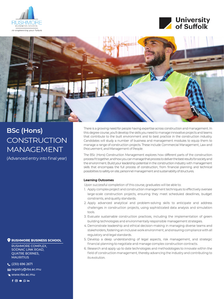 BSc (Hons) in Construction Management | PDF | Diploma | Construction ...