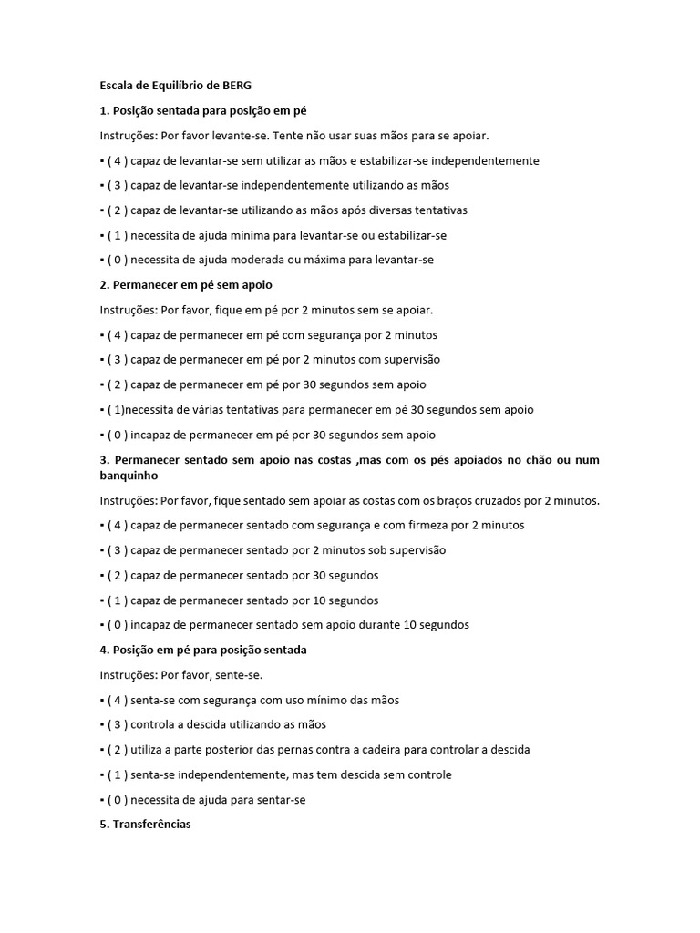 Escala de Equilíbrio de BERG | PDF | Pé (unidade de medida)