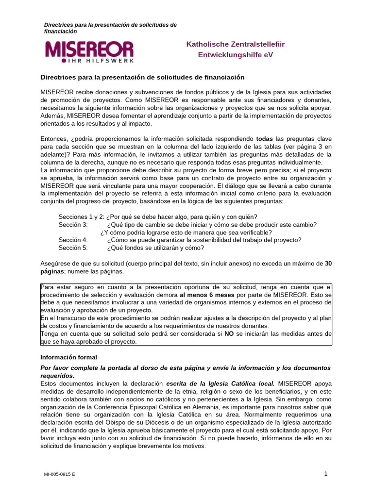 Guía para Solicitudes de Financiación MISEREOR | PDF | Sustentabilidad | Planificación