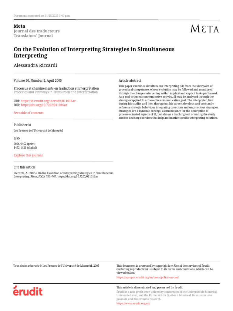 On The Evolution of Interpreting Strategies in Simultaneous | PDF | Knowledge | Procedural Knowledge