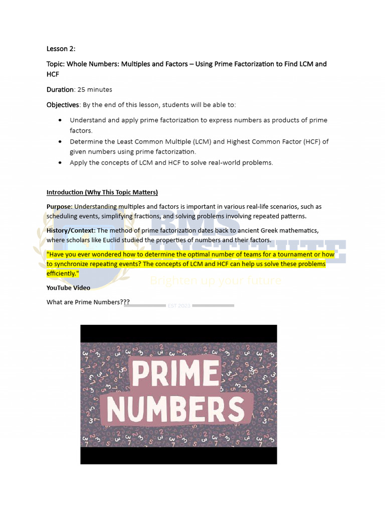 Lesson 2 Whole Numbers Multiples and Factors Using Prime Factorization to Find LCM and HCF | PDF ...