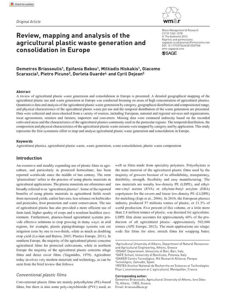 Briassoulis Et Al 2013 Review Mapping and Analysis of The Agricultural ...