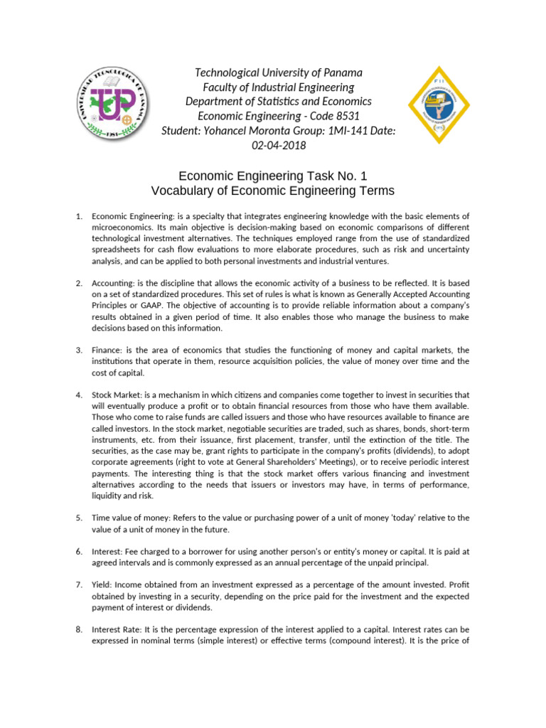 Economic Engineering Vocabulary Guide | PDF | Interest | Bonds (Finance)
