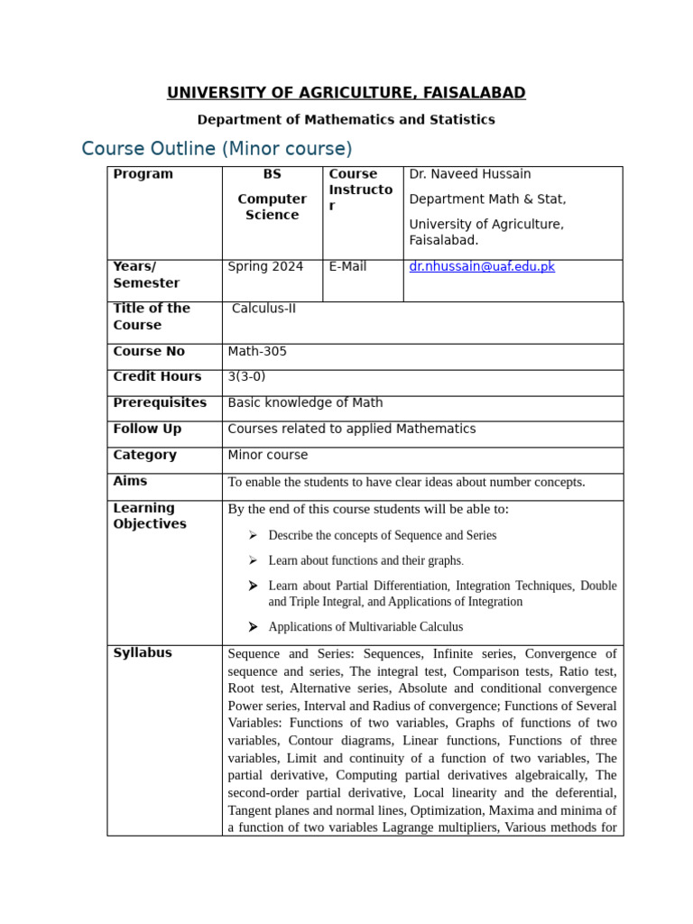 Math-305 Course Outline - Calculus II CS ( | PDF | Derivative | Integral
