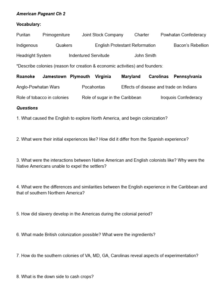 American Pageant Chapters 2-4 Study Guide | PDF | Colonial History Of ...