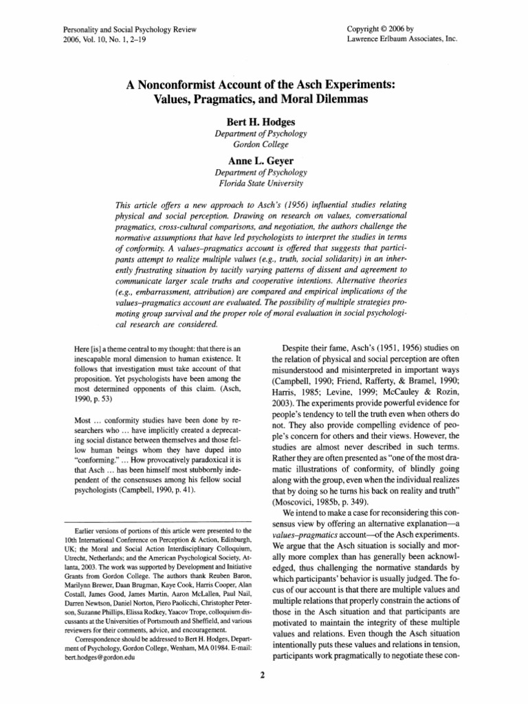 Hodges Geyer 2006 A Nonconformist Account of The Asch Experiments Values Pragmatics and Moral ...