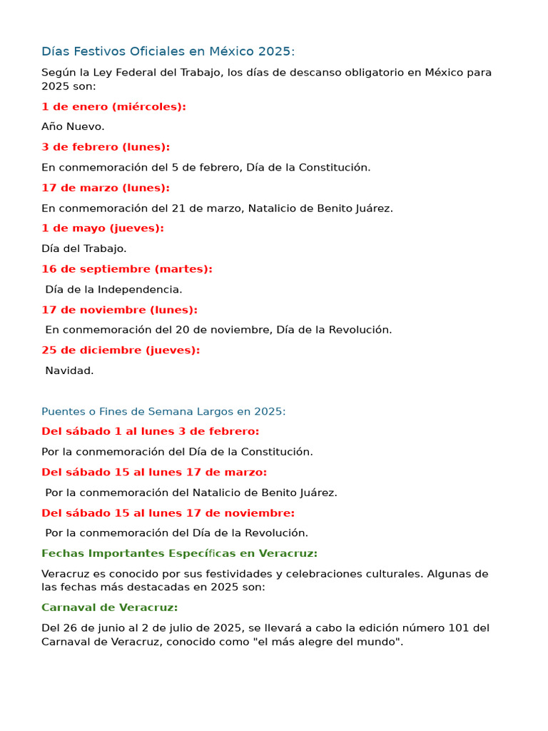 Días Festivos Oficiales México 2025 | PDF