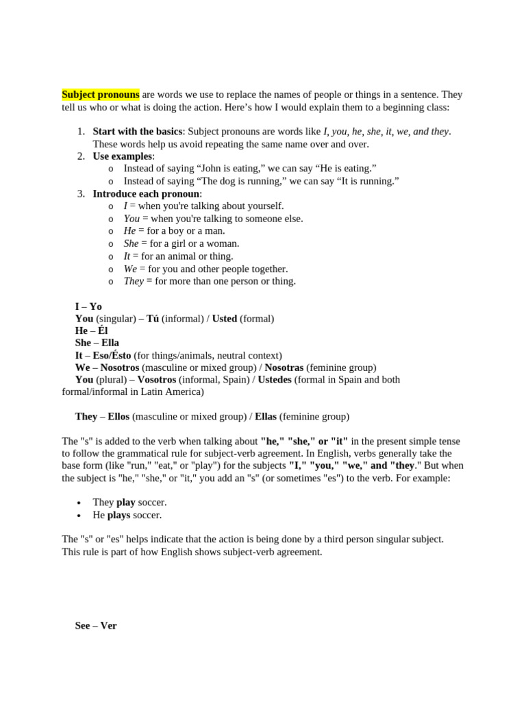 Introduction To Subject Pronouns | PDF