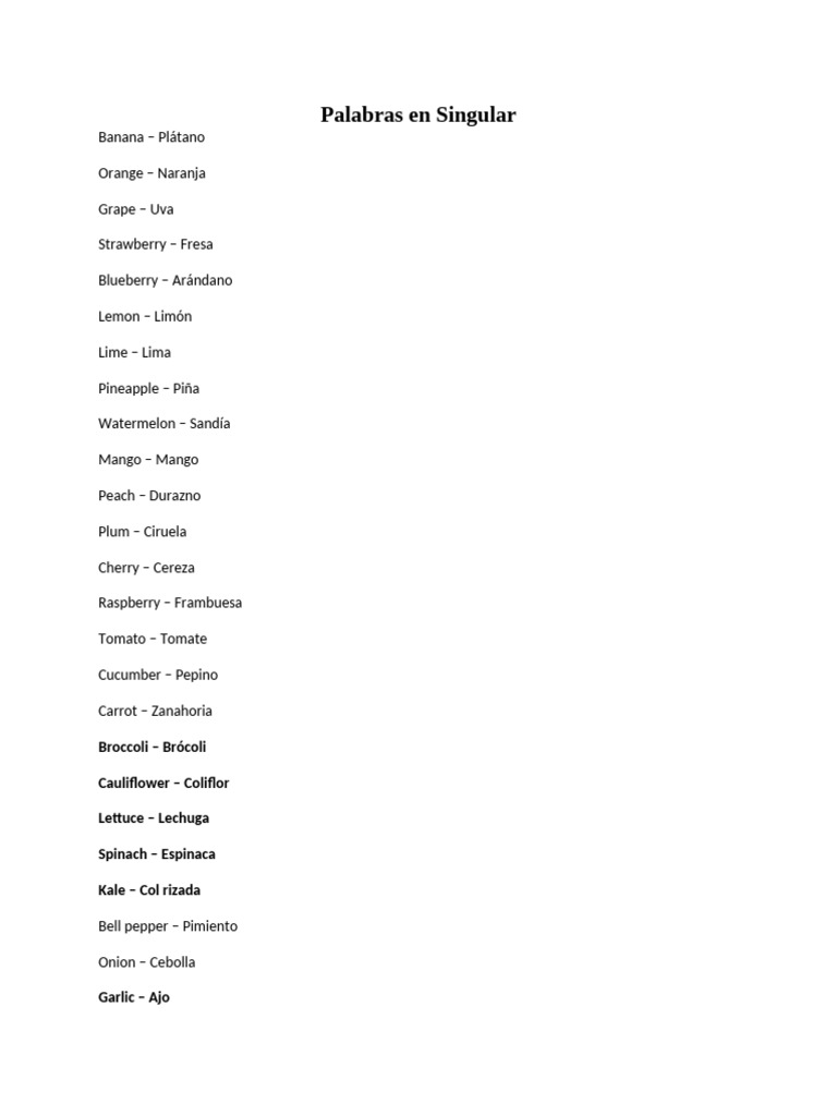 Singular Fruit and Vegetable Names | PDF