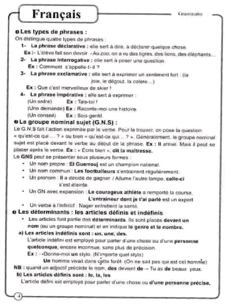 Résumé Grammaire Français 9ème Année | PDF