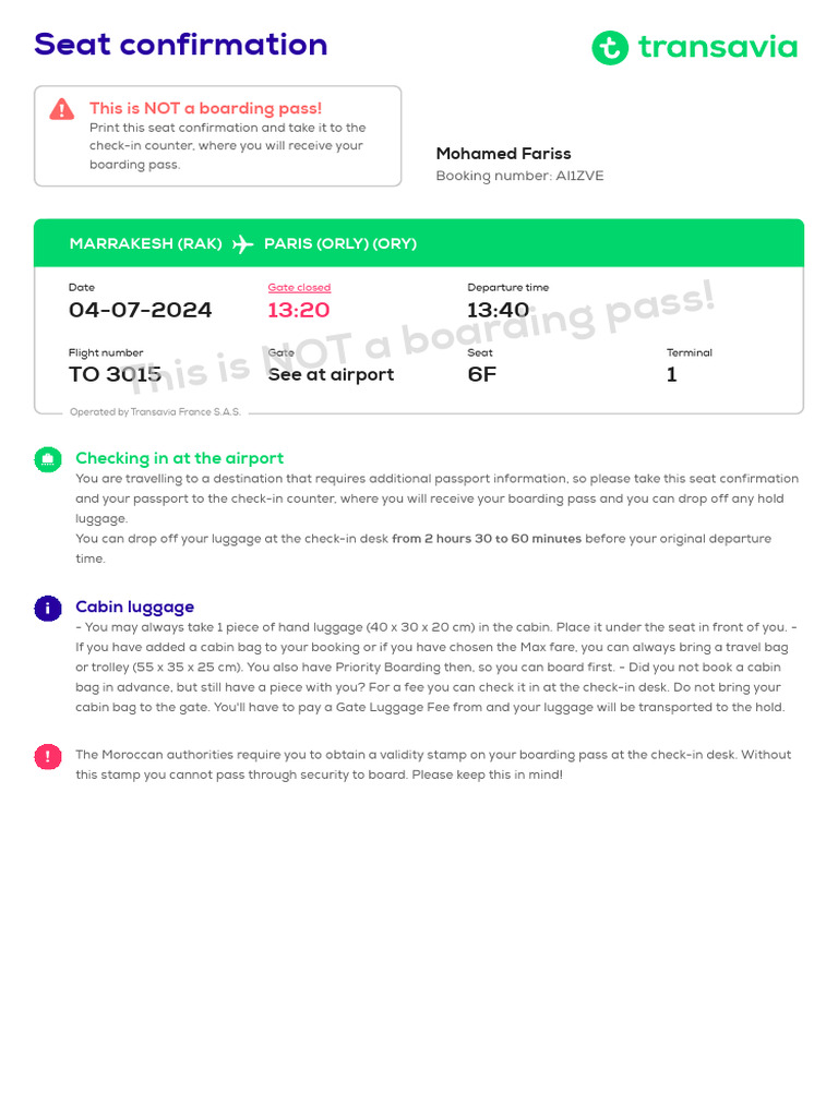 Seat Confirmation for Flight TO 3015 | PDF | Aviation